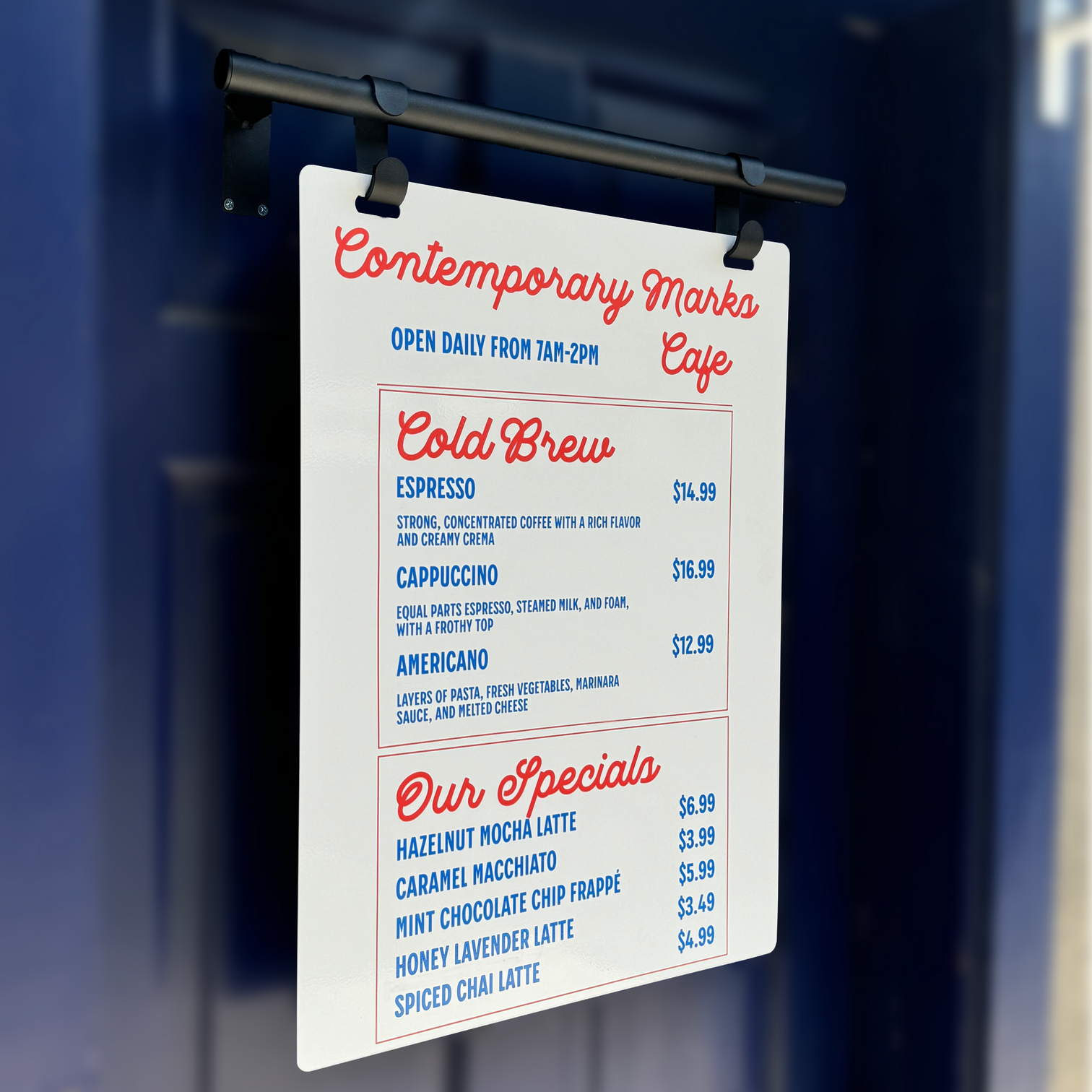 Custom Hanging Menu Sign – Contemporary Marks